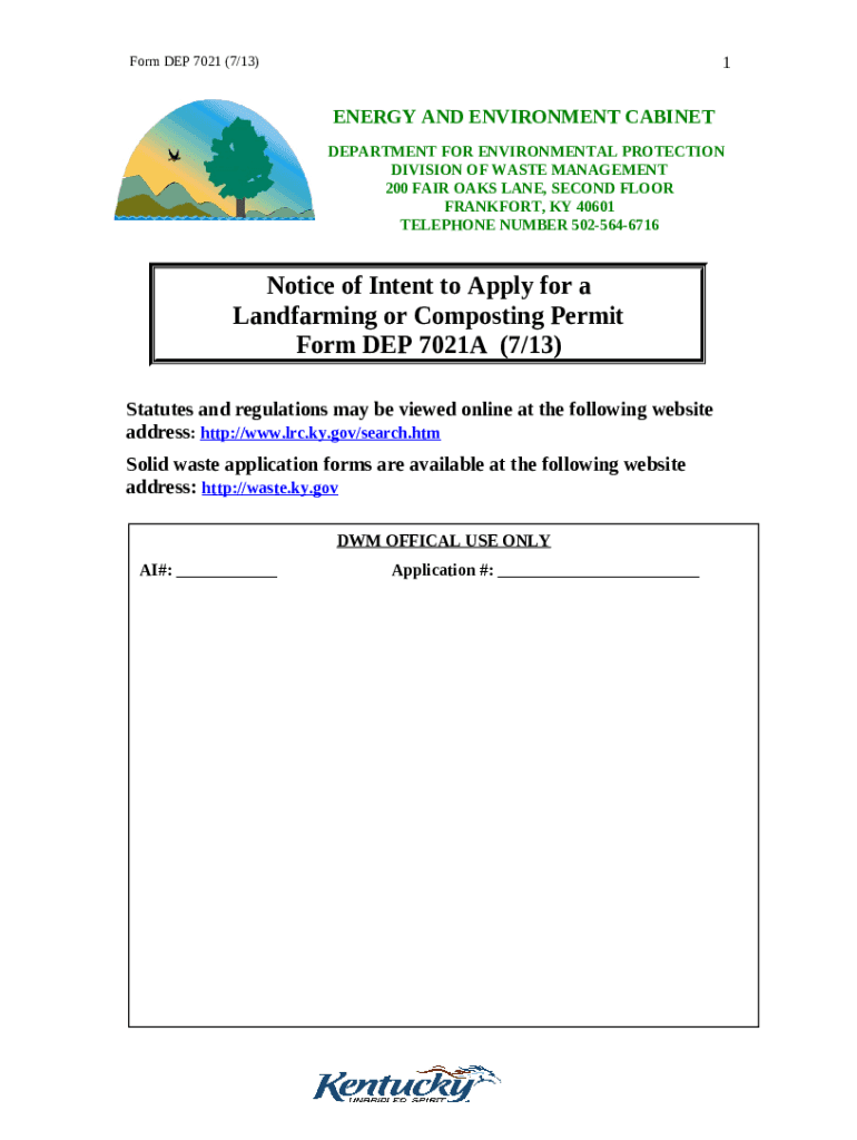 DEP7021A - SW - Notice of Intent to Apply for a Landfarming or ...