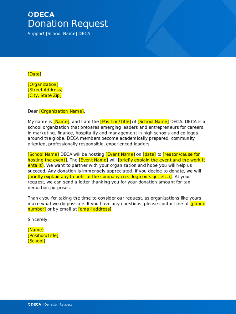 DECA Donation Request Doc Template | pdfFiller