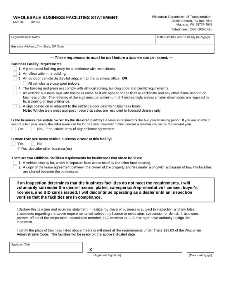 MV3188 Wholesale Business Facilities Statement. MV3188 Wholesale Business Facilities Statement ...