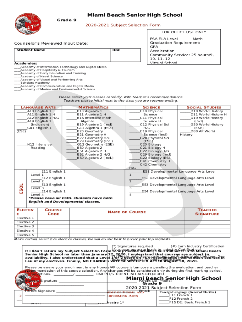 Palmetto Senior 9th Grade Subject Selection Doc Template | pdfFiller