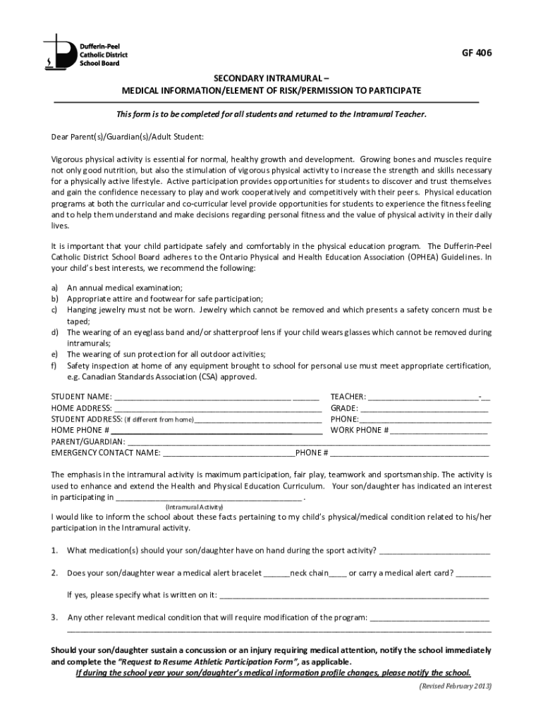 Fillable Online Secondary intramural Medical Information Form And ...