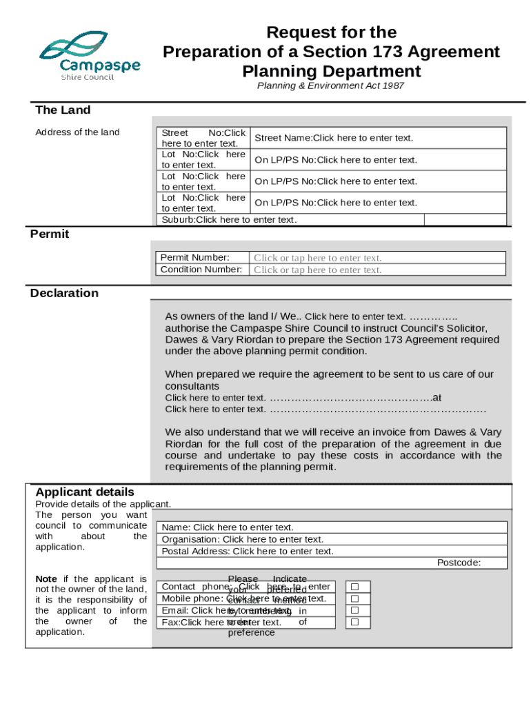 Request for the Preparation of a Section 173 Agreement ... Doc Template ...