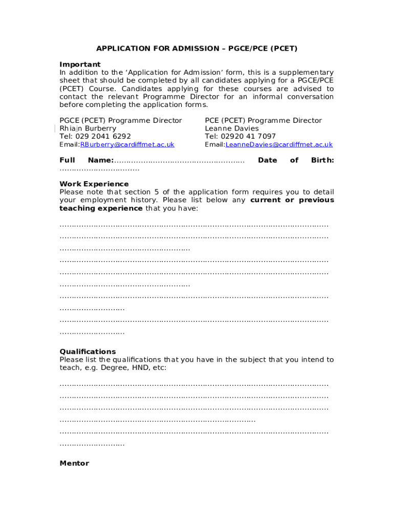 PGCE PCET Application Doc Template | pdfFiller