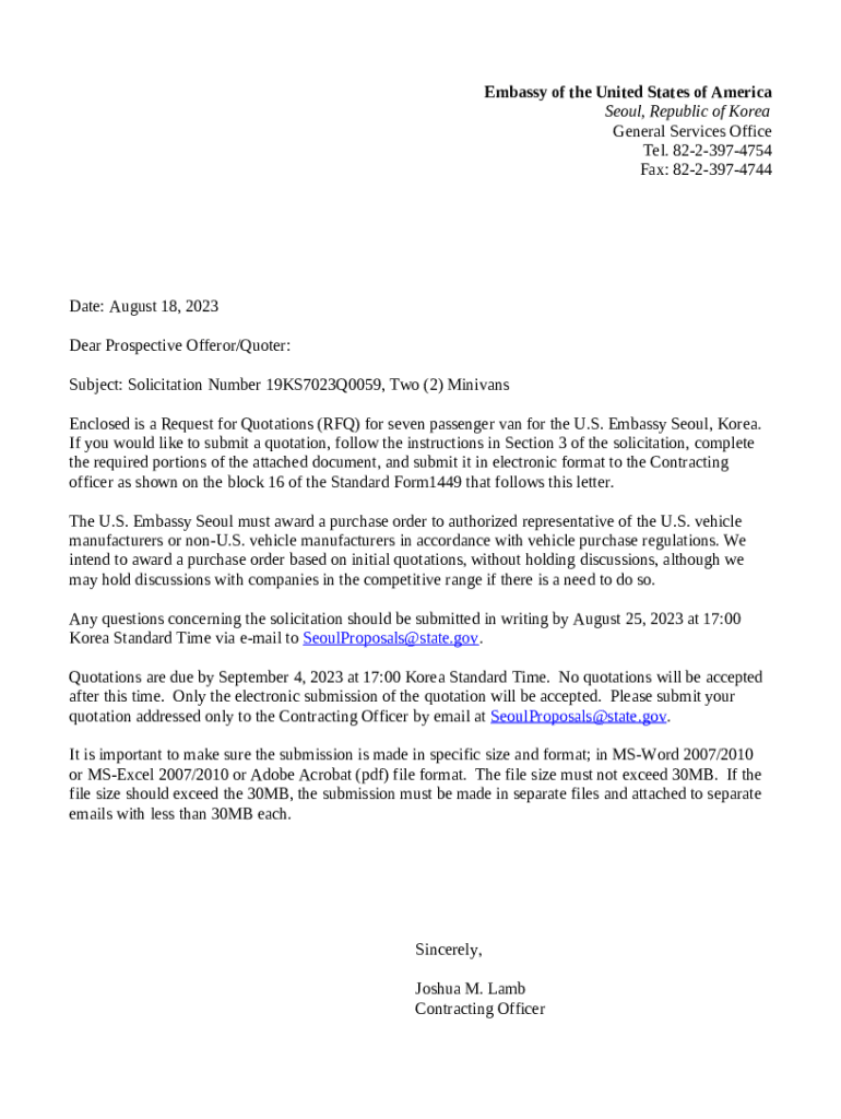 Subject: Solicitation Number 19KS7023Q0059, Two (2) Minivans Doc Template | pdfFiller