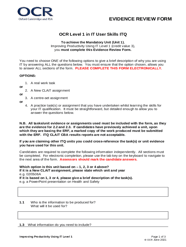 Level 1 - Unit 01 - Improving productivity using IT - Evidence review Doc Template | pdfFiller