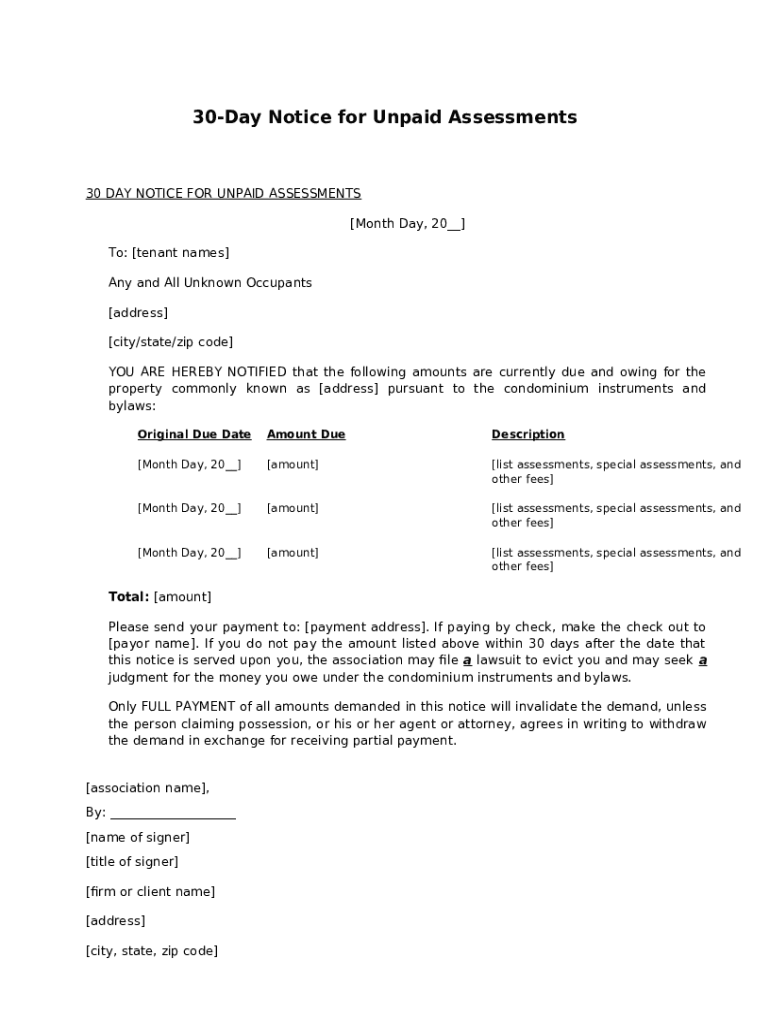 30-Day Notice for Unpaid Assessments Doc Template | pdfFiller