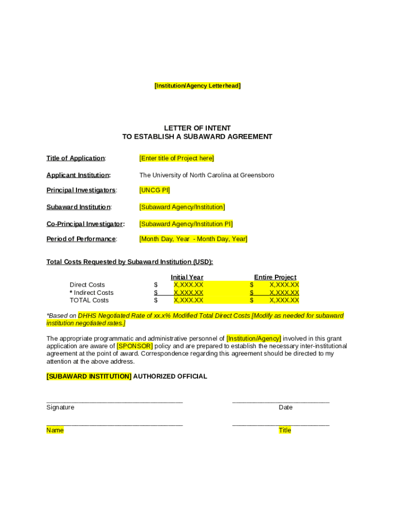New Subrecipient Letter of Intent s - UNC Research Doc Template | pdfFiller
