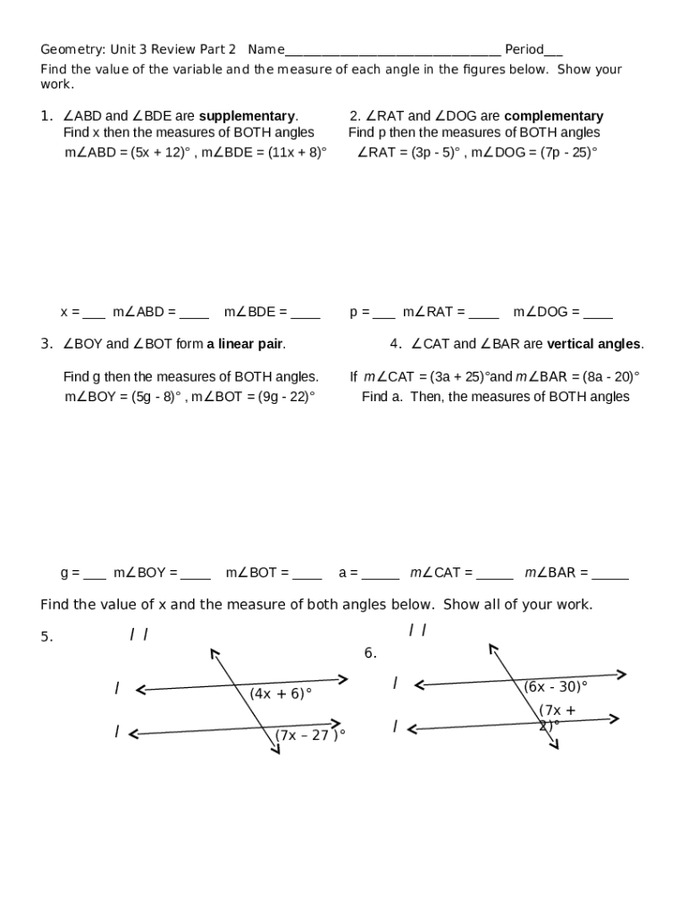 Complementary and supplementary angles review Doc Template | pdfFiller