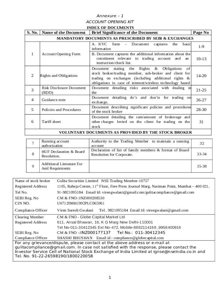 ACCOUNT OPENING KIT INDEX PART - A Doc Template | pdfFiller