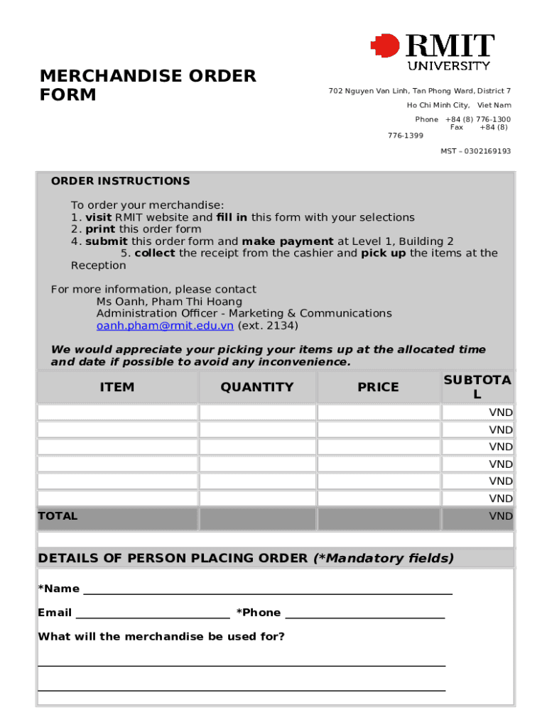 Product Order Template Doc Template | pdfFiller