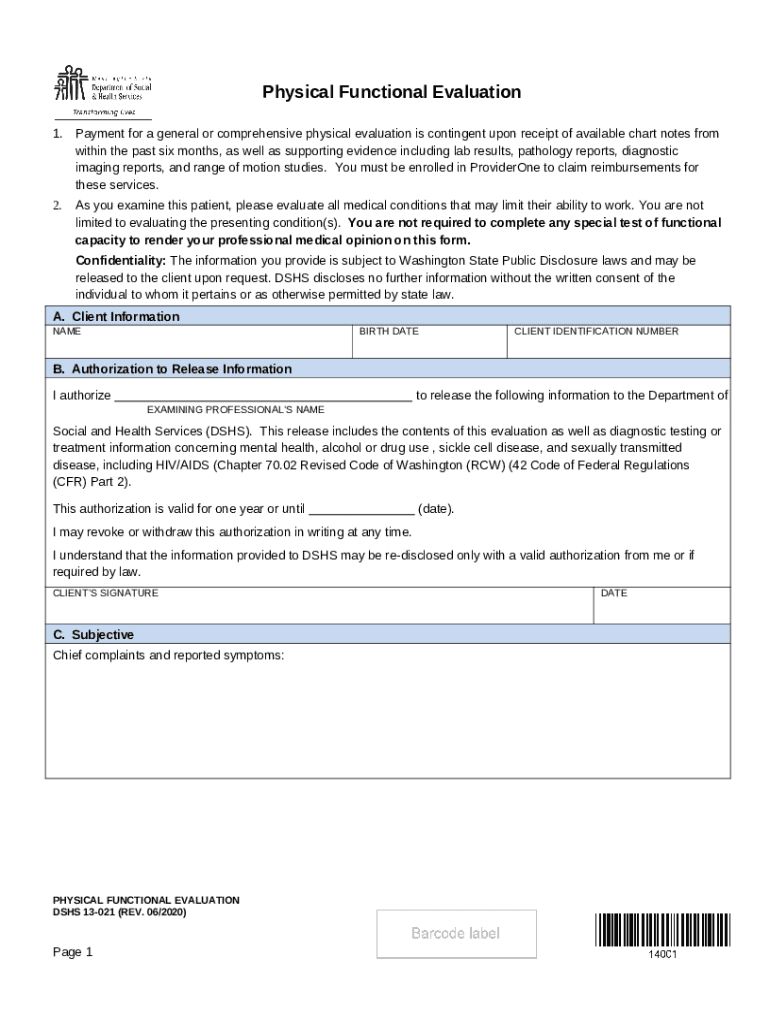 Dshs Physical Functional Evaluation - Fill Online, Printable ... Doc ...