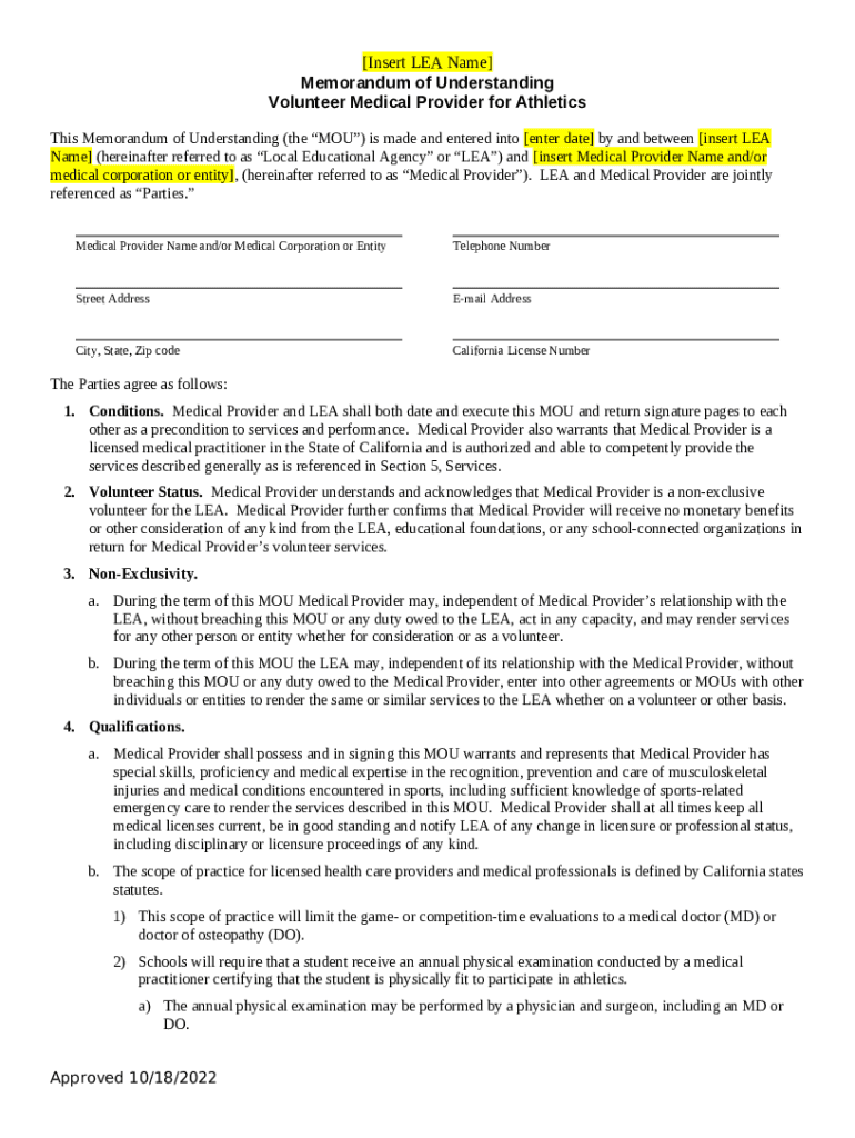 Memorandum of Understanding Volunteer Medical ... Doc Template | pdfFiller