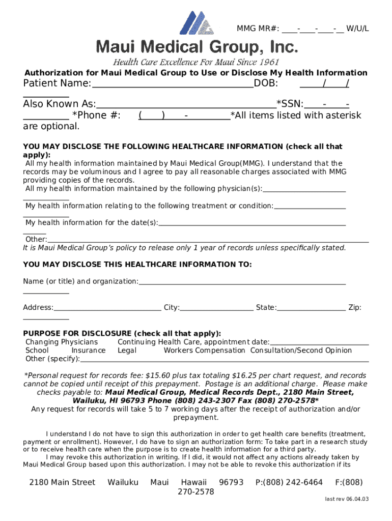 Authorization for Maui Medical Group to Use or Disclose My ... Doc ...