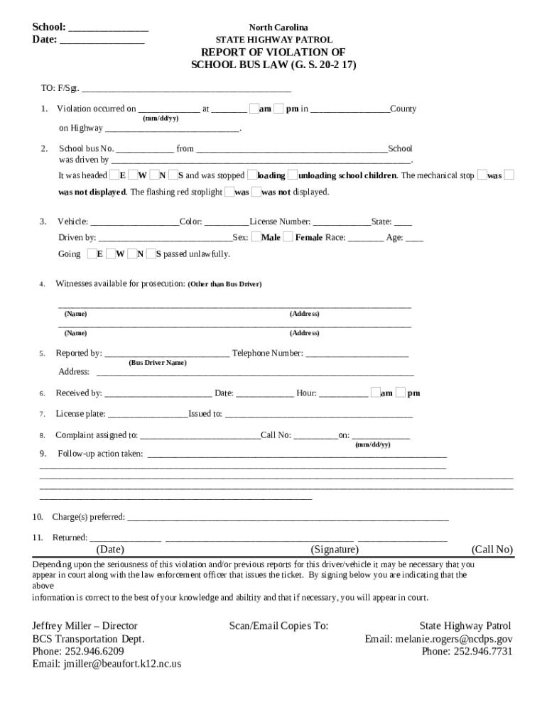 HP-311 Report of Violation of School Bus Law (G.S. 20-217) Doc Template ...