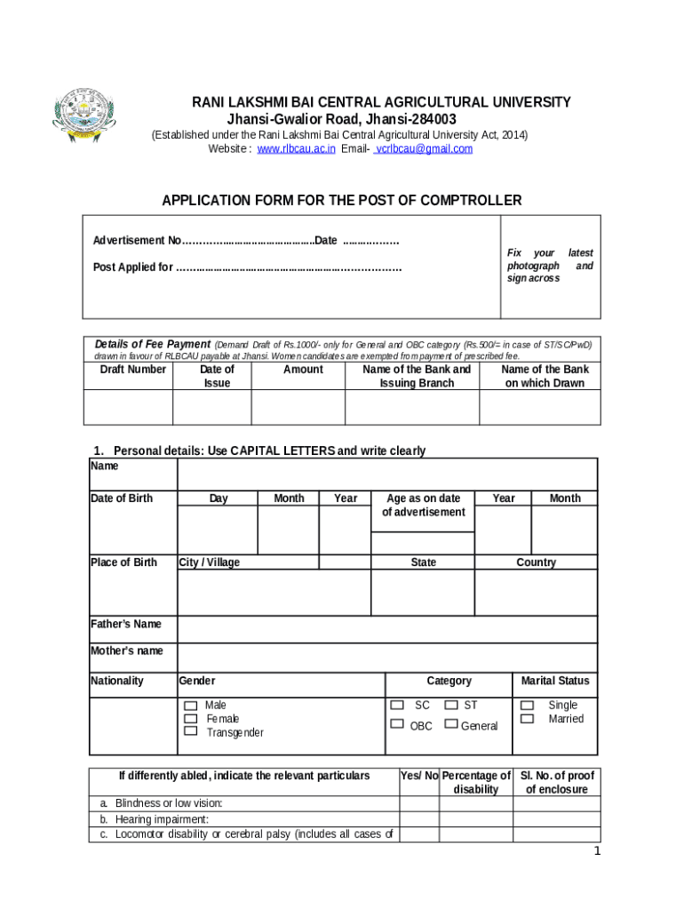 Rani Laxami Bai Central Agricultural University, Jhansi Doc Template | pdfFiller