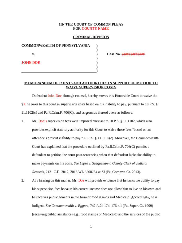 Template Legal Memo in Support of Motion to Waive ... Doc Template | pdfFiller
