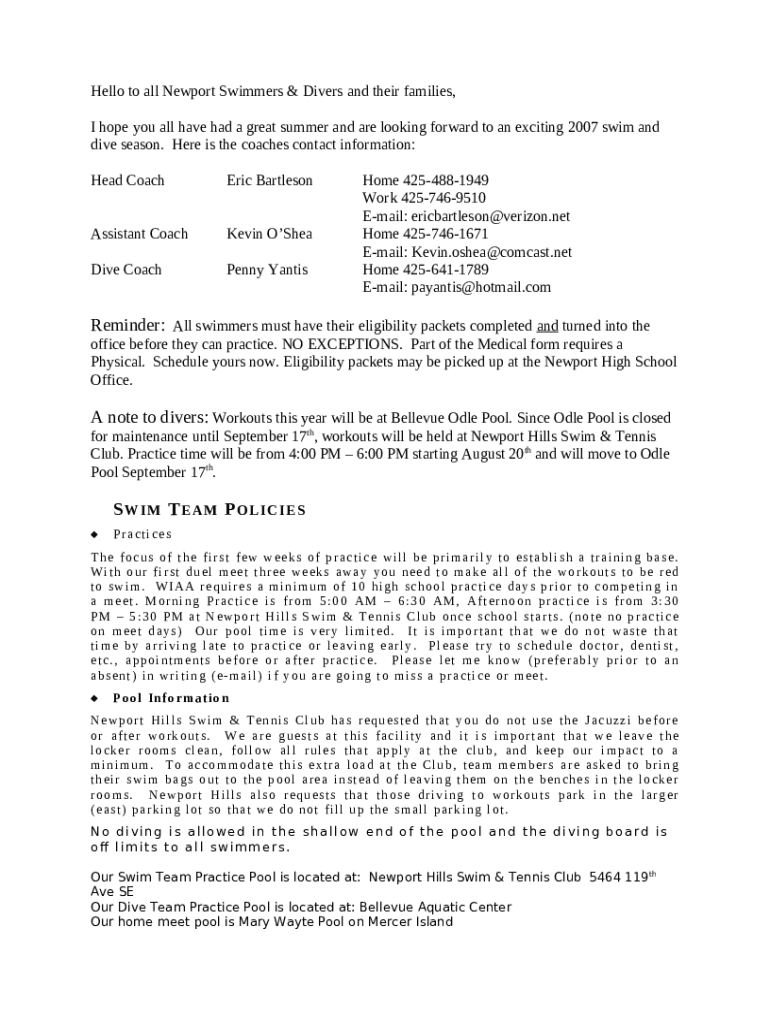 Hello NST Swimmer and Family, Newport Swim Team is ... Doc Template ...