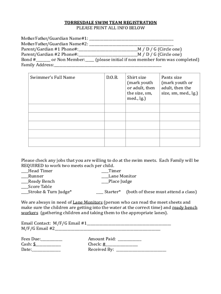 Fillable Online TSC Swim Team Registration Form (2) Fax Email Print ...