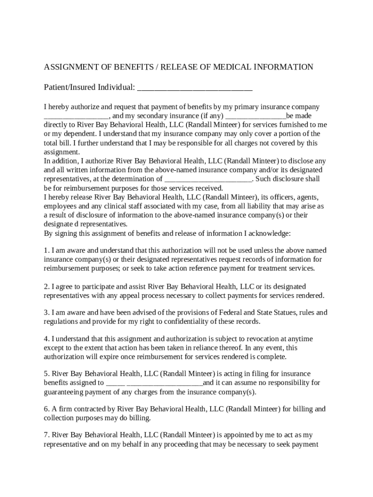 Assignment of Benefits - River Bay Behavioral Health LLC Doc Template ...