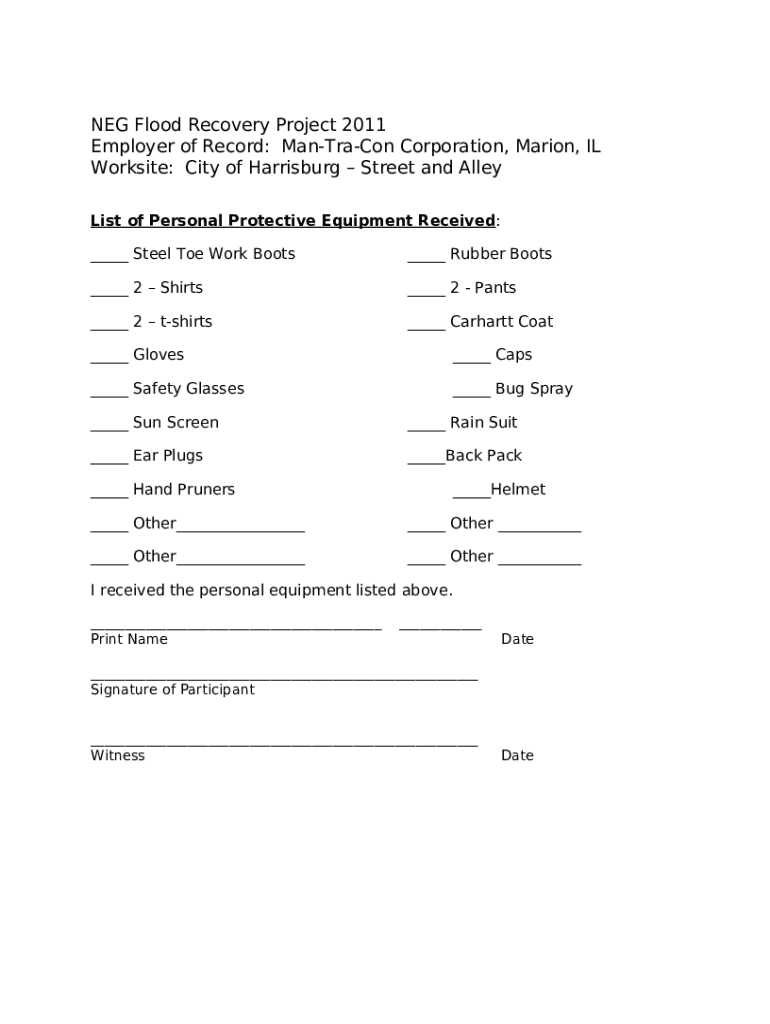 NEG Flood Recovery Project Person Protective Equipment Sign-off sheet ...