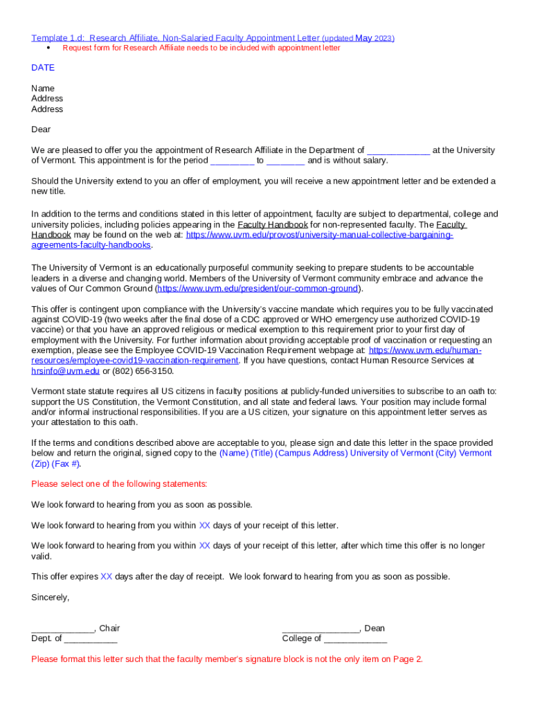 Faculty Appointment Template Letters - Office of the Provost Doc Template | pdfFiller