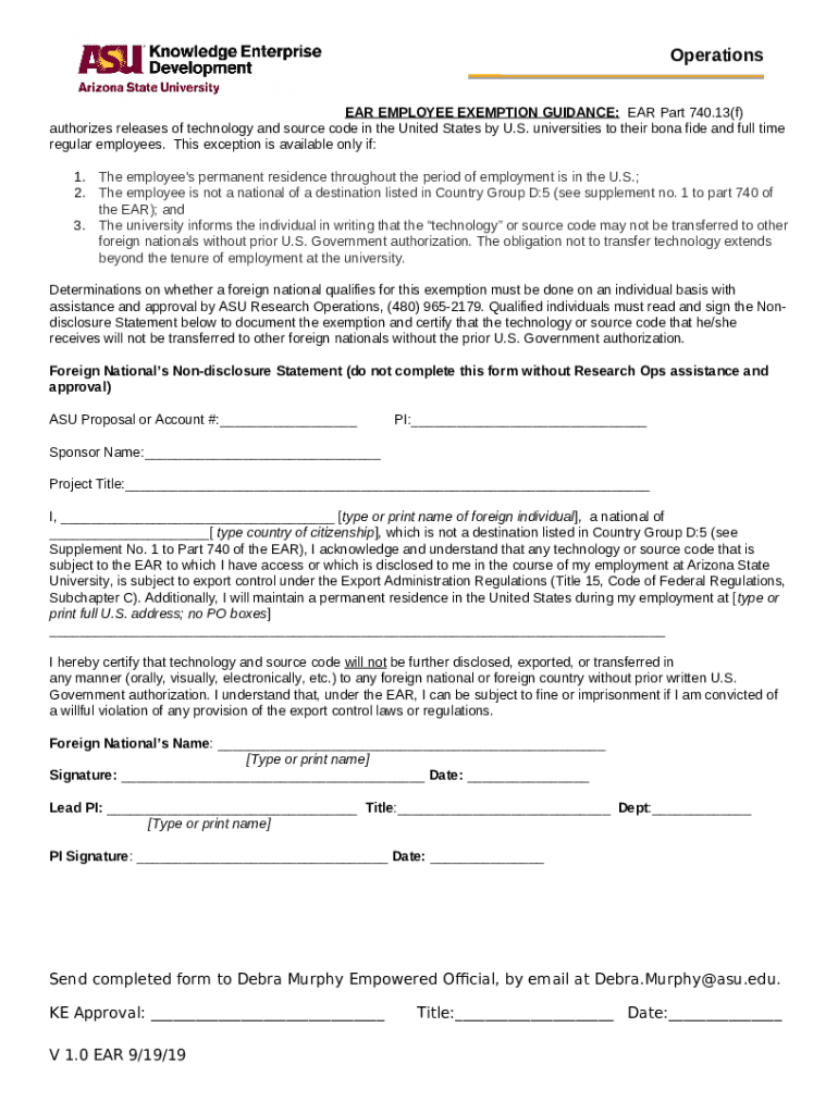 Bona-Fide Employee Exemption Certificate for EAR Doc Template | pdfFiller