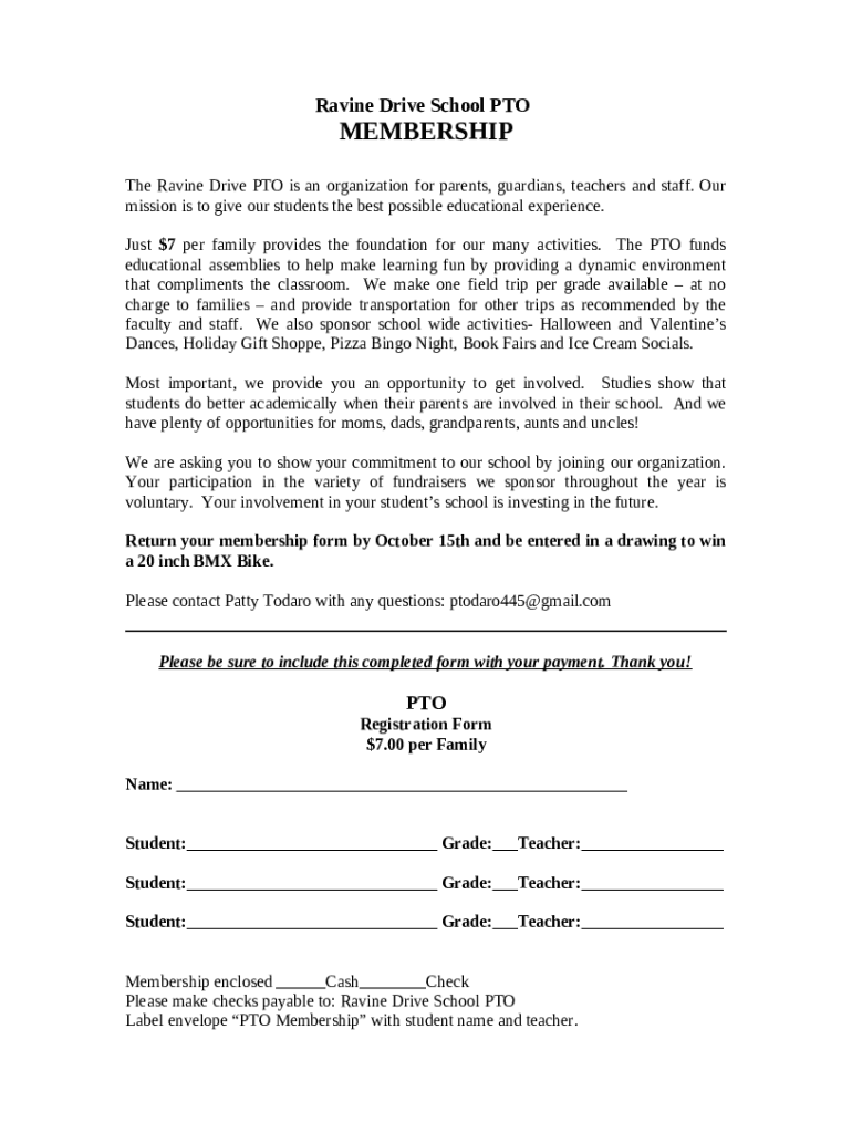 Ravine Drive School PTO MEMBERSHIP Doc Template | pdfFiller
