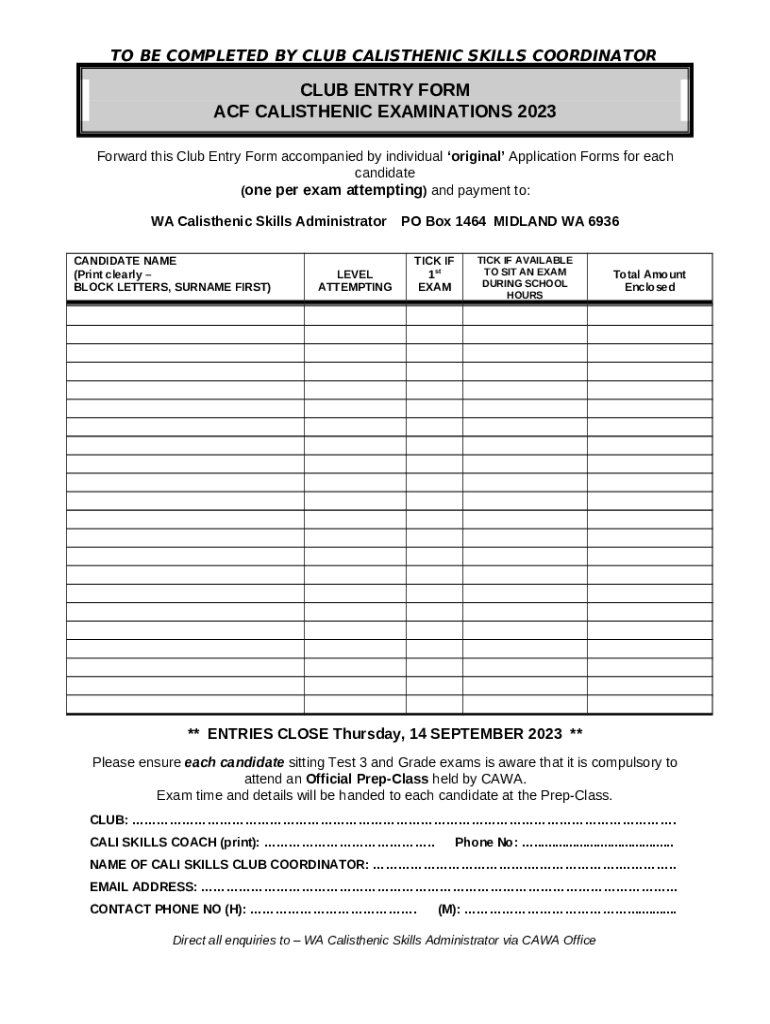 2023 Calisthenic Skills Club Entry Doc Template | pdfFiller