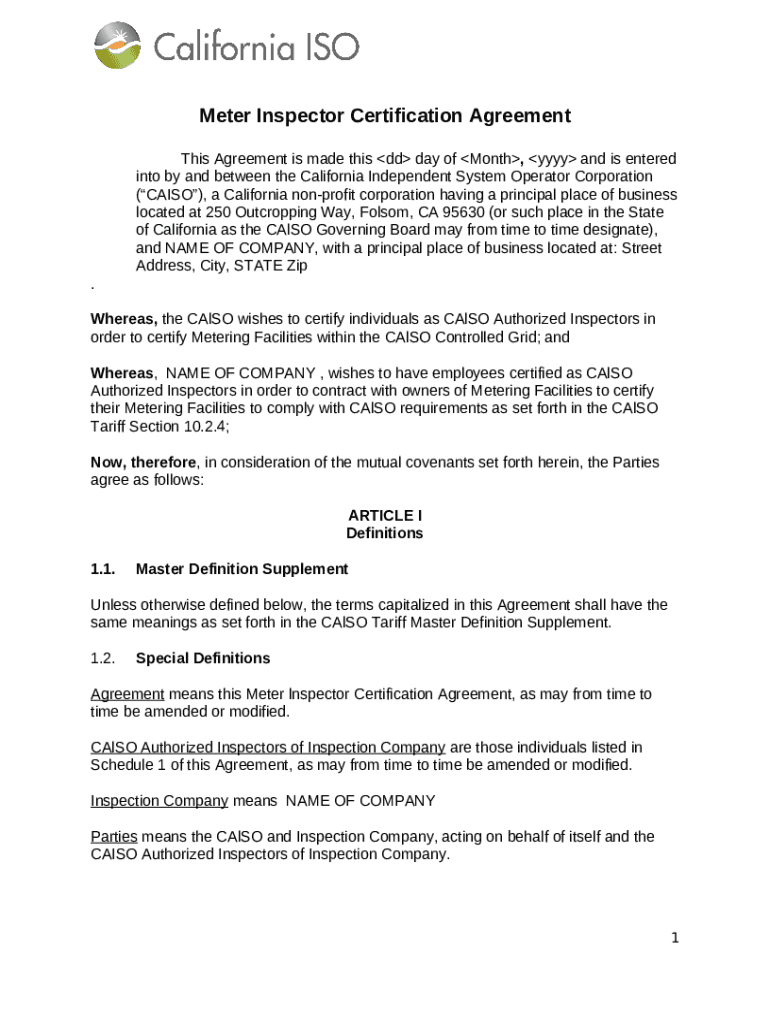 Meter lnspector Certification Agreement Doc Template | pdfFiller