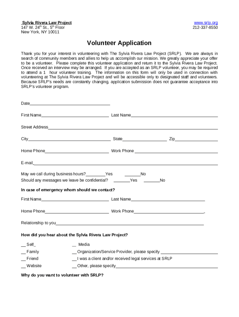 Volunteer ApplicationSRLP (Sylvia Rivera Law Project ... Doc Template | pdfFiller