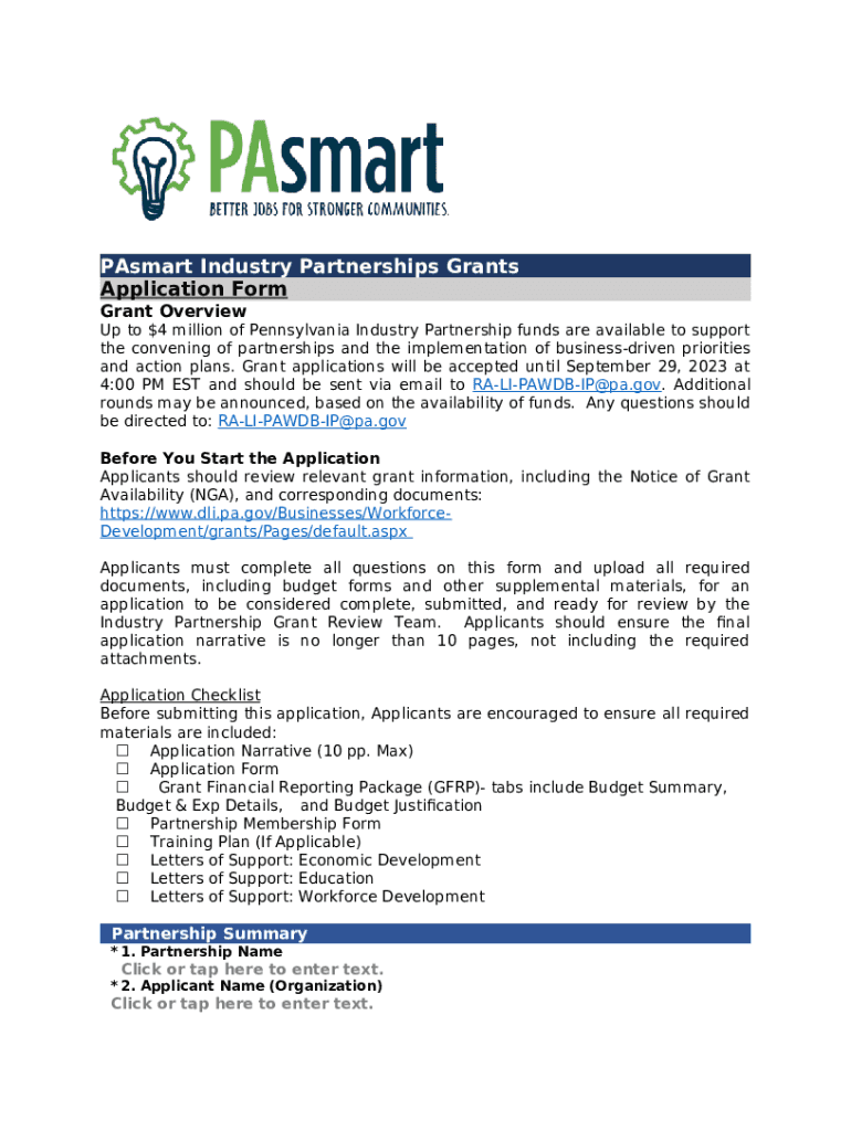 PAsmart Industry Partnerships Grants Application Doc Template | pdfFiller