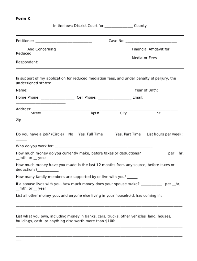 KFinancial Affidavit for Reduced Fee Mediation Doc Template | pdfFiller