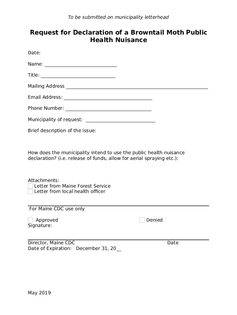 Request for Declaration of a Browntail Moth Public Health ... Doc Template | pdfFiller