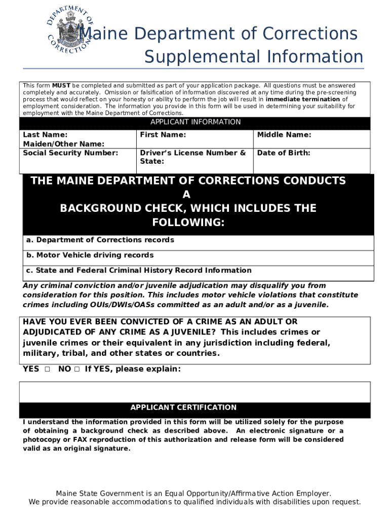 Department of Corrections Supplemental application Doc Template | pdfFiller