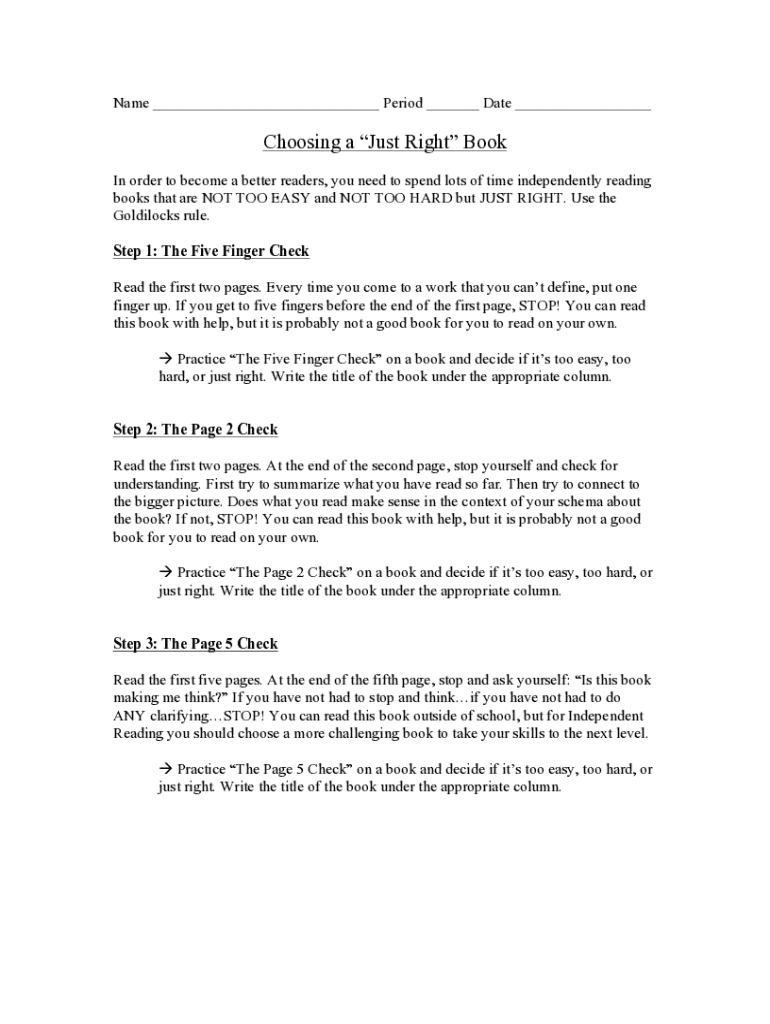 Fillable Online 1. Choosing a just right book.doc Fax Email Print ...