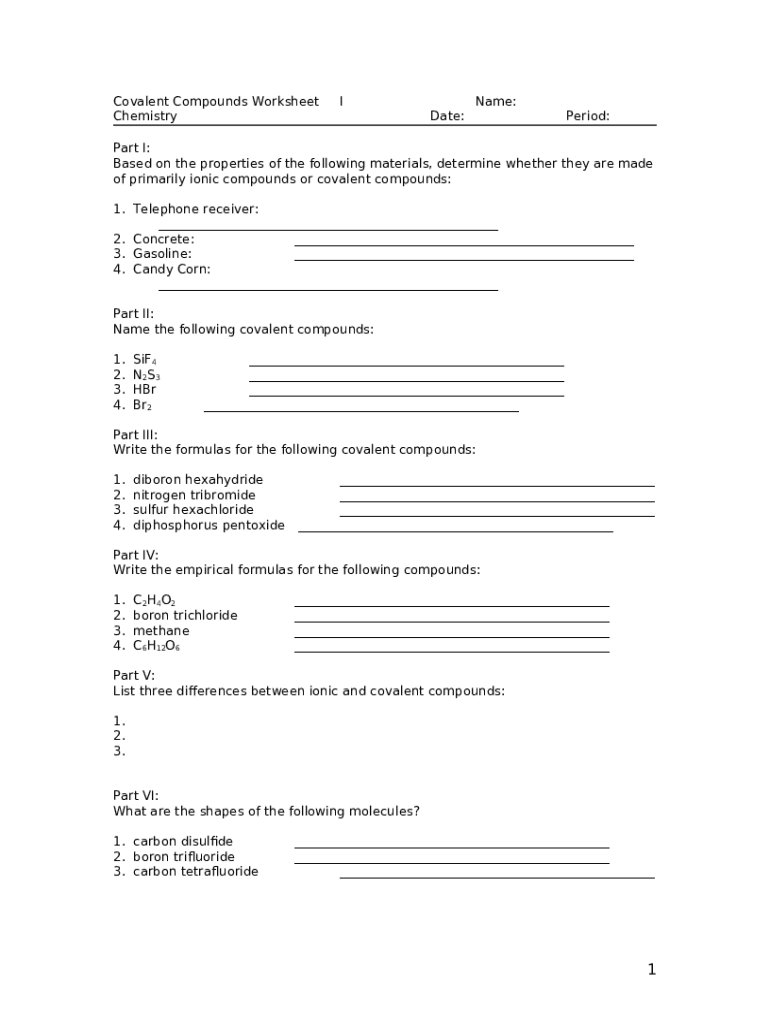 Covalent Compounds Review Worksheet Doc Template | pdfFiller