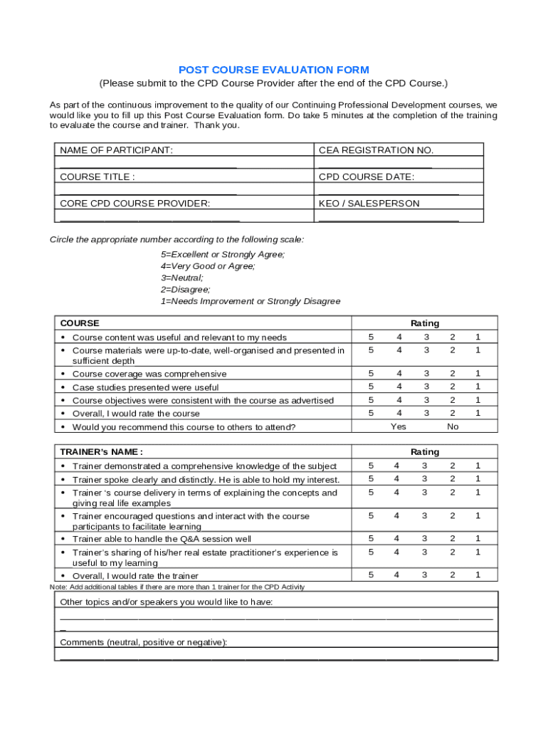 Standardised Post Course Evaluation Doc Template PdfFiller