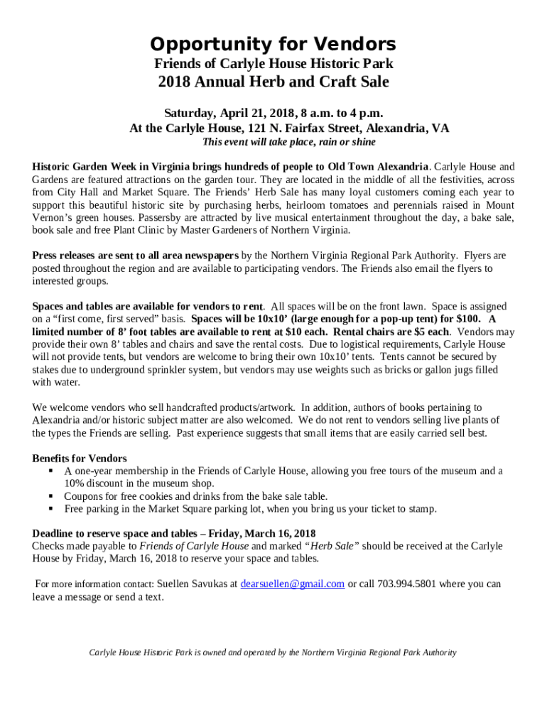 Vendor Reservation Friends of Carlyle House ... Doc Template | pdfFiller