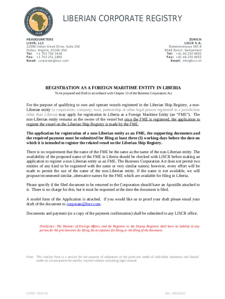Liberian Foreign Maritime Entities (FMEs) Doc Template | pdfFiller
