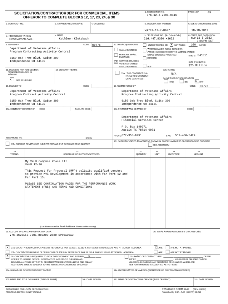 Continuation To SF-1449, RFQ Number 19HA7018Q003 Doc Template | pdfFiller