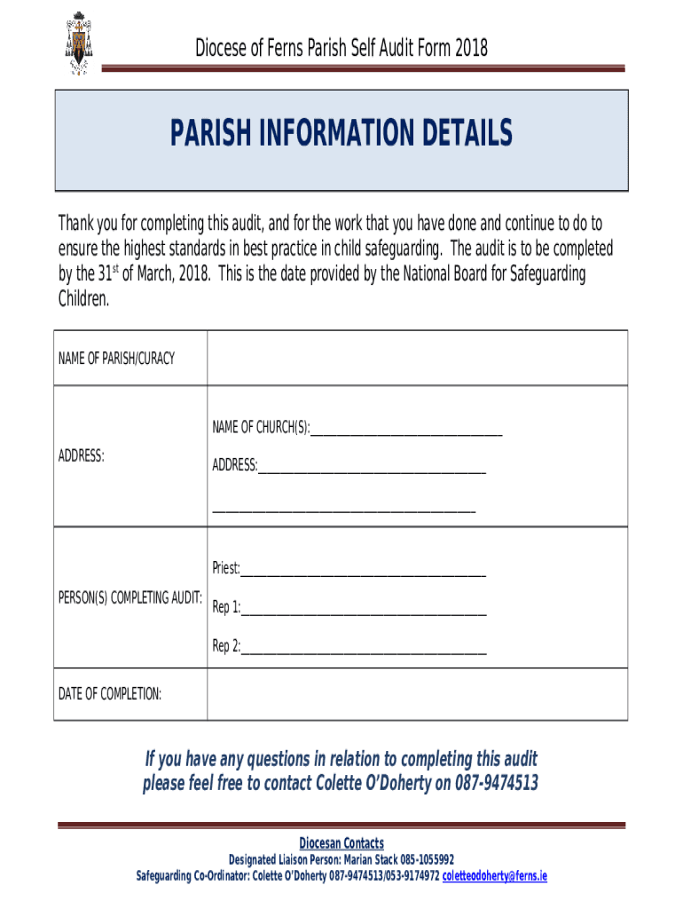 Diocese of Ferns Parish Self Audit 2018 Doc Template | pdfFiller