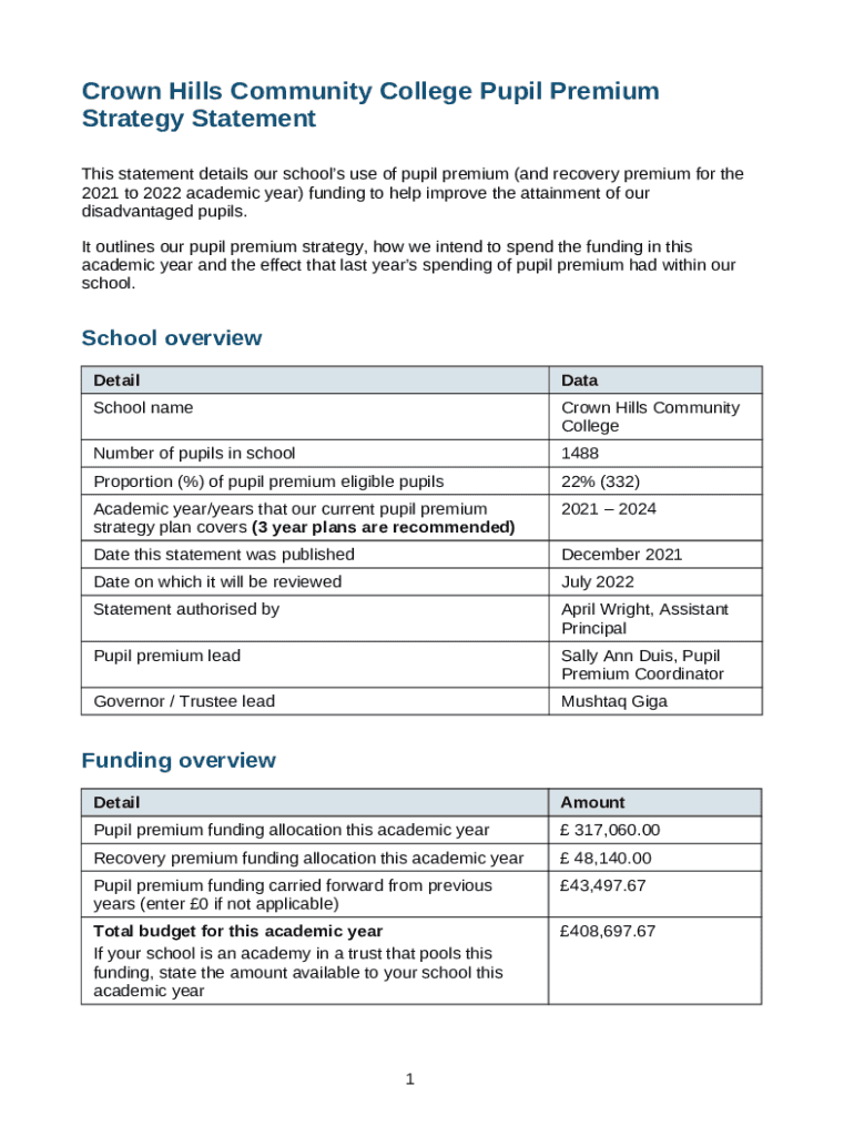 Pupil Premium Strategy StatementHill West Primary School Doc Template | pdfFiller