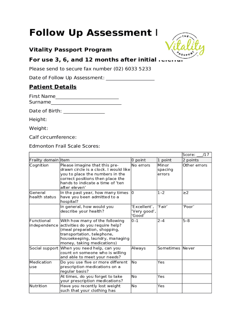 Vitality Passport Follow Up Assesment Doc Template | pdfFiller
