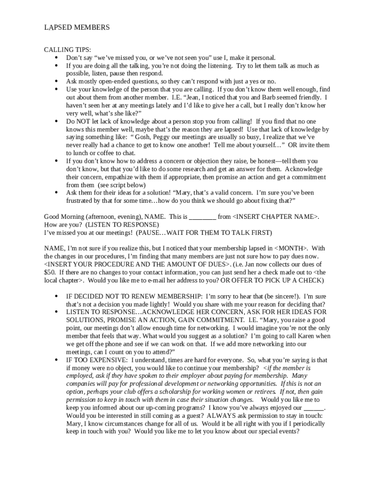 LAPSED MEMBER SCRIPTTHIS IS A GUIDE TO HELP YOU GET STARTEDUSE YOUR OWN ...