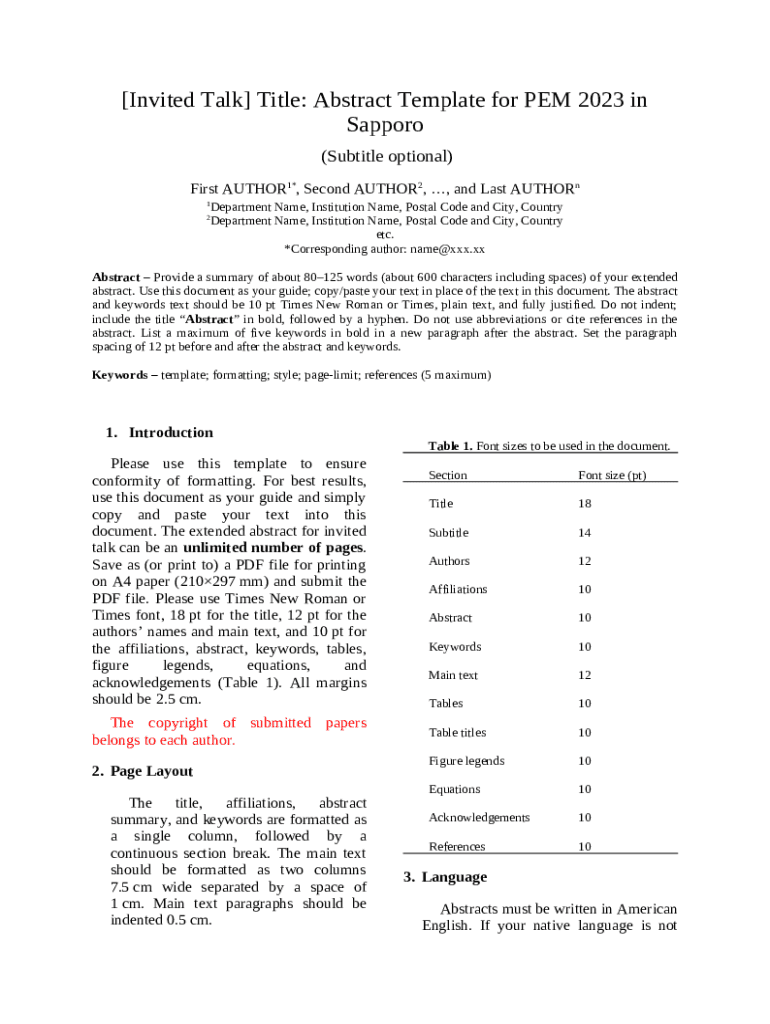 Invited Talk Title: Abstract Template for PEM 2023 in Sapporo Doc Template | pdfFiller