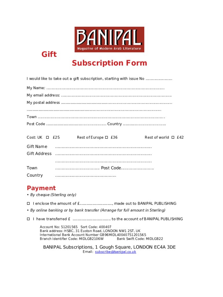 Banipal Gift Subscription Doc Template | pdfFiller
