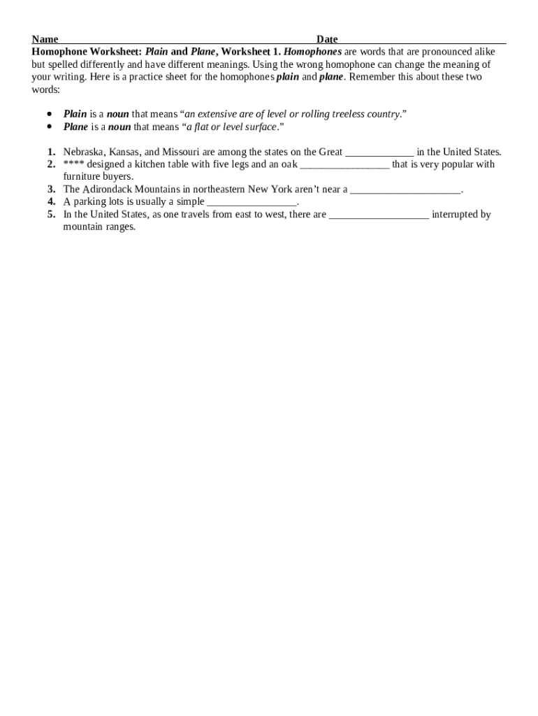 five worksheets on the homophones plain and plane Doc Template | pdfFiller