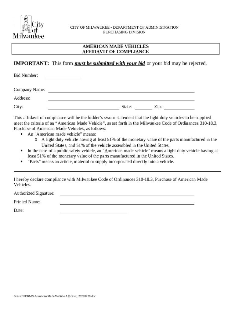American Made Vehicle Affidavit - city milwaukee Doc Template | pdfFiller