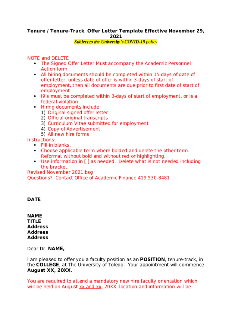 Tenured-Tenure Track Offer Letter Templates Doc Template | pdfFiller