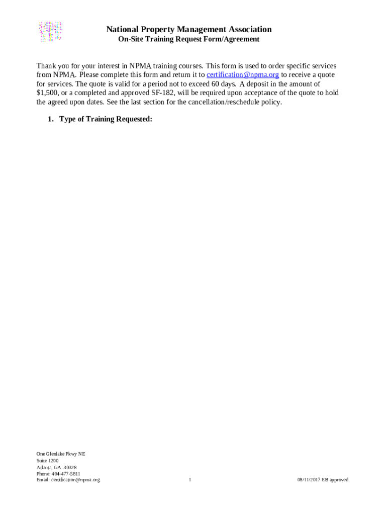 NPMA In-Person On-Site Training Request /Agreement Doc Template | pdfFiller